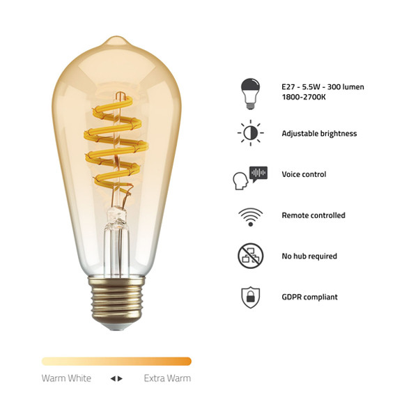 Hombli Smart lamp E27 | Edison ST64 | Goud | 1800-2700K | WiFi (Tuya) | 5.5W Hombli 123led.nl